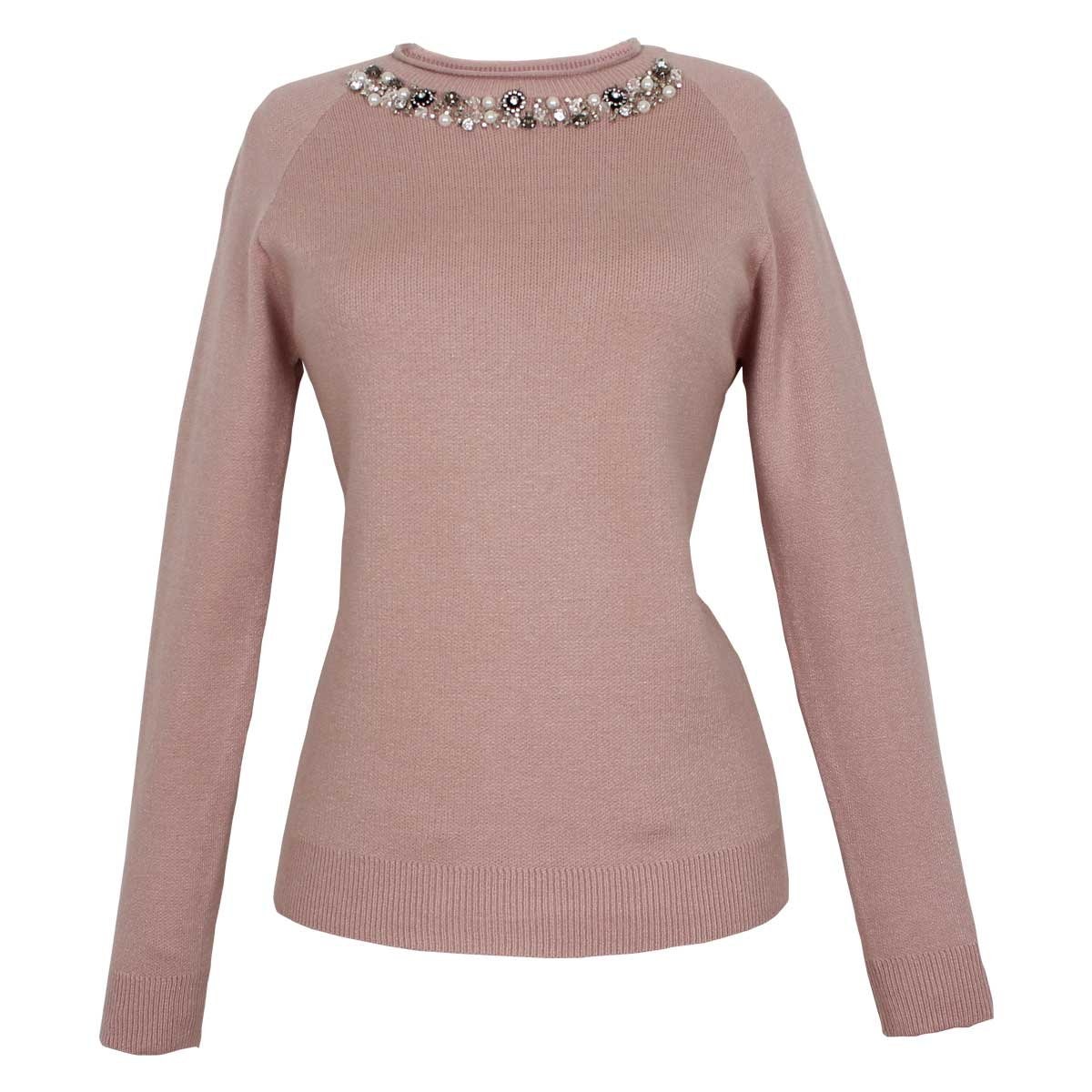 Suéter rosa manga larga con aplicación en escote redondo elle para dama ...