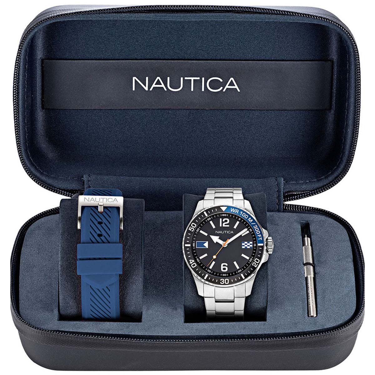 Reloj para Caballero Extensible de Acero Inoxidable Plata Azul Nautica