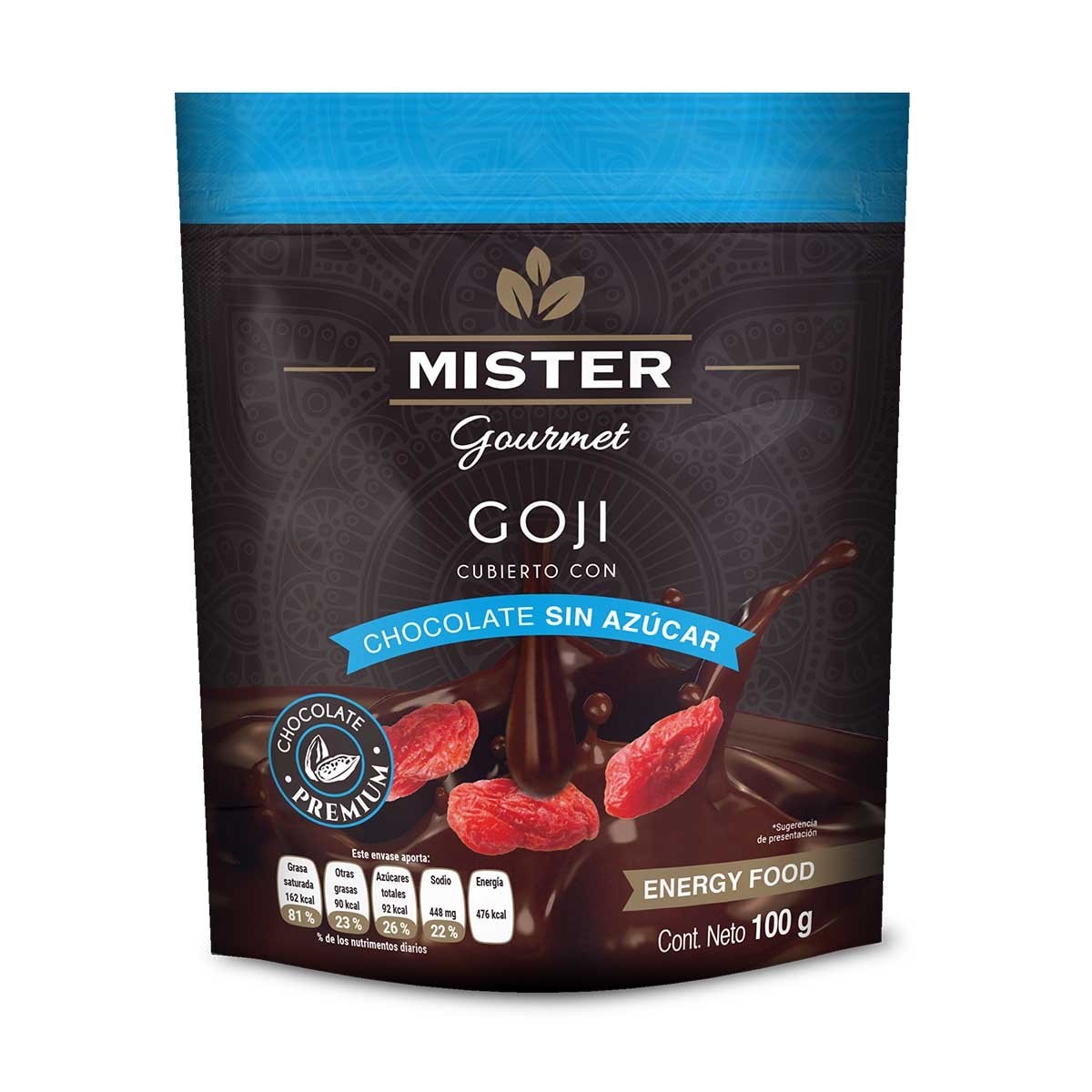 Bayas de Goji con Chocolate Sin Azúcar 100 Grs Mister Alimentos