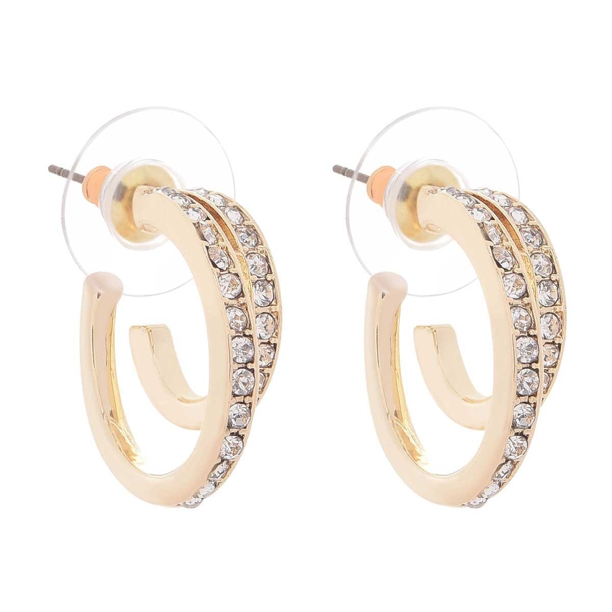 Arracadas doradas dobles con detalle de cristal color claro alrededor ...