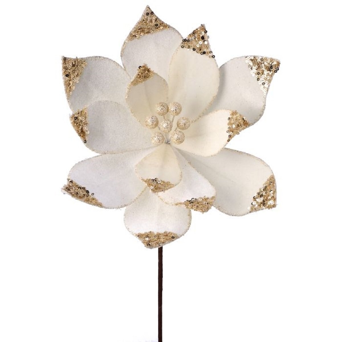Flor Nochebuena Terciopelo Beige con Puntas Diamantina Oro 60 Cm