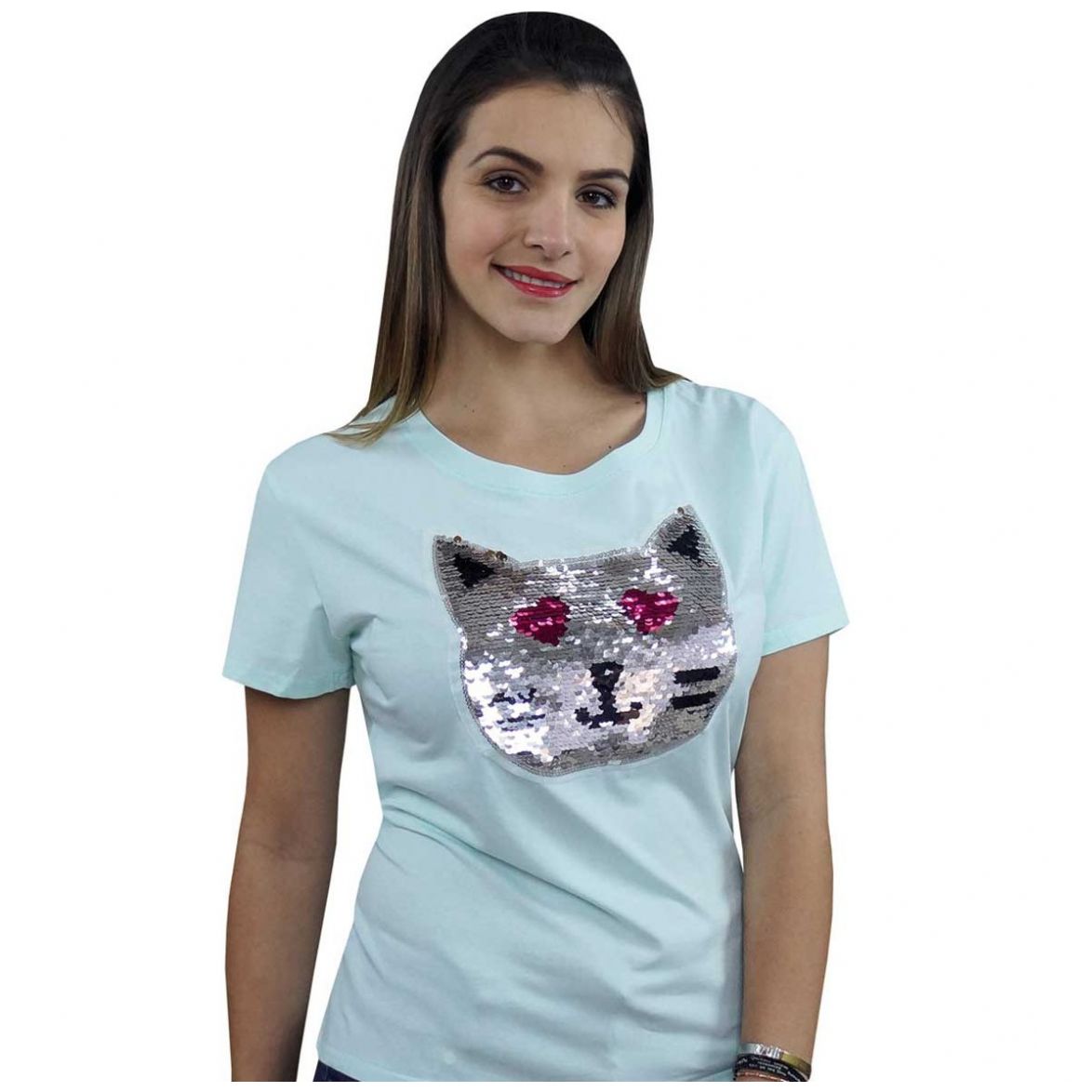 Playera Estampado Gato con Lentejuela Banana Limon