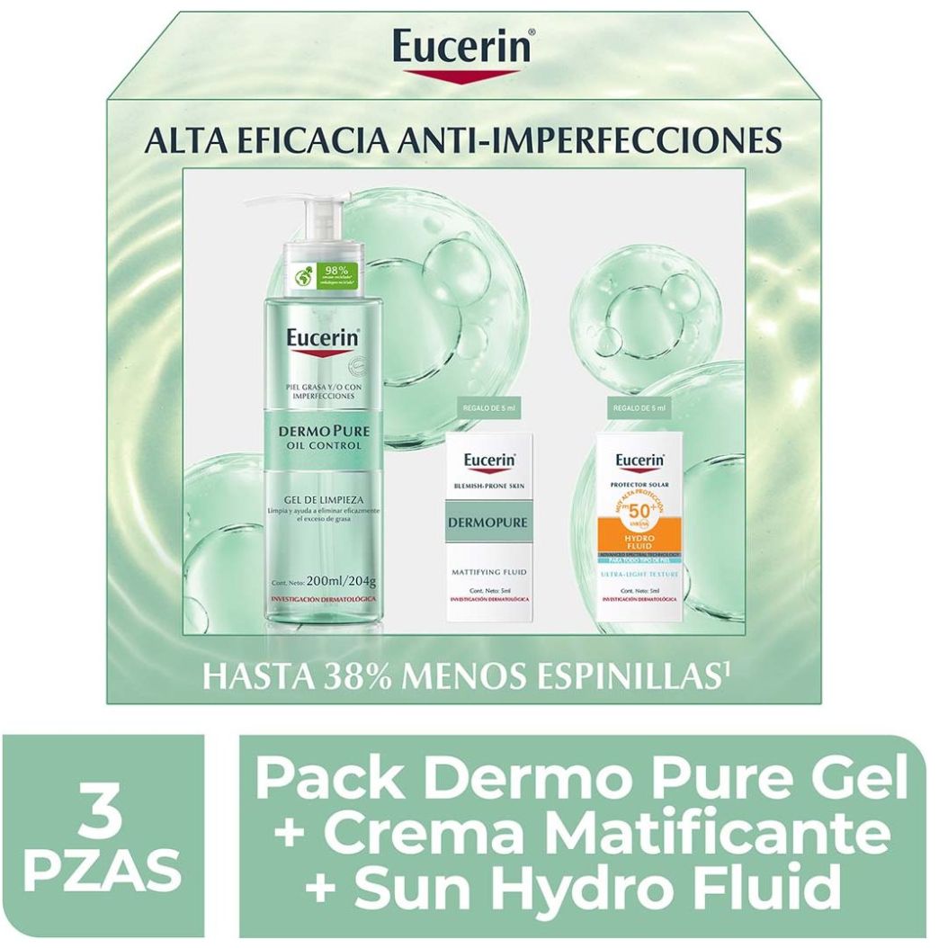 Eucerin Pack Dermo Pure Gel 200 Ml + Dermo Pure Matificante 5 Ml + Sun ...
