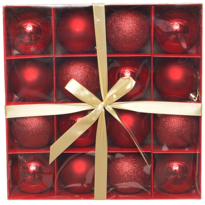 Caja con 16 Esferas 8Cm Color Rojo Mix 3 Acabados Atlas Global