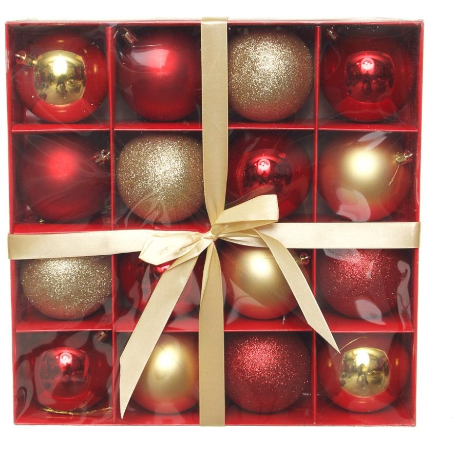 Caja con 16 Esferas 8Cm Color Oro Y Rojo Mix
