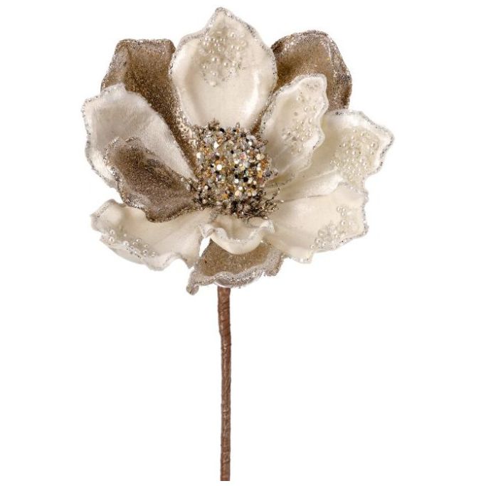 Flor de Magnolia Beige con Perlas Y Pedrería 60Cm