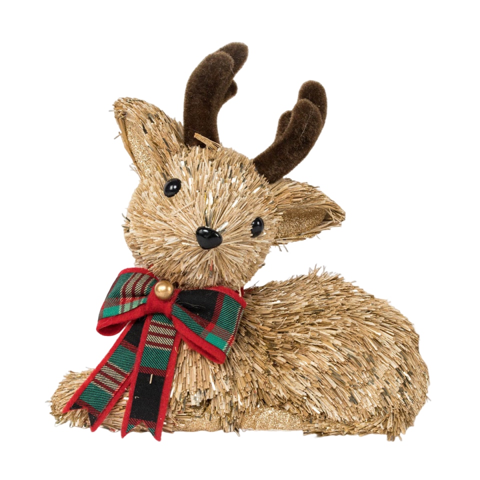 Venado Navideño 22Cm Echado, Natural con Mono Rojo Y Verde