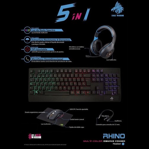 Kit Teclado Mouse Diadema y MousePad Eagle Warrior Rhino Multicolor ...