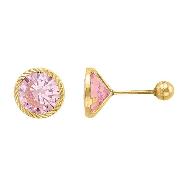 Broquel con bisel diamantado y circonia rosa Oro 10K