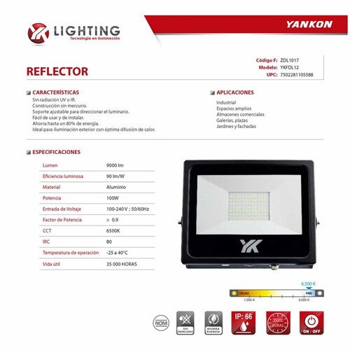 Reflector Lampara Linterna Led 100W Luz Fria Casa Yankon