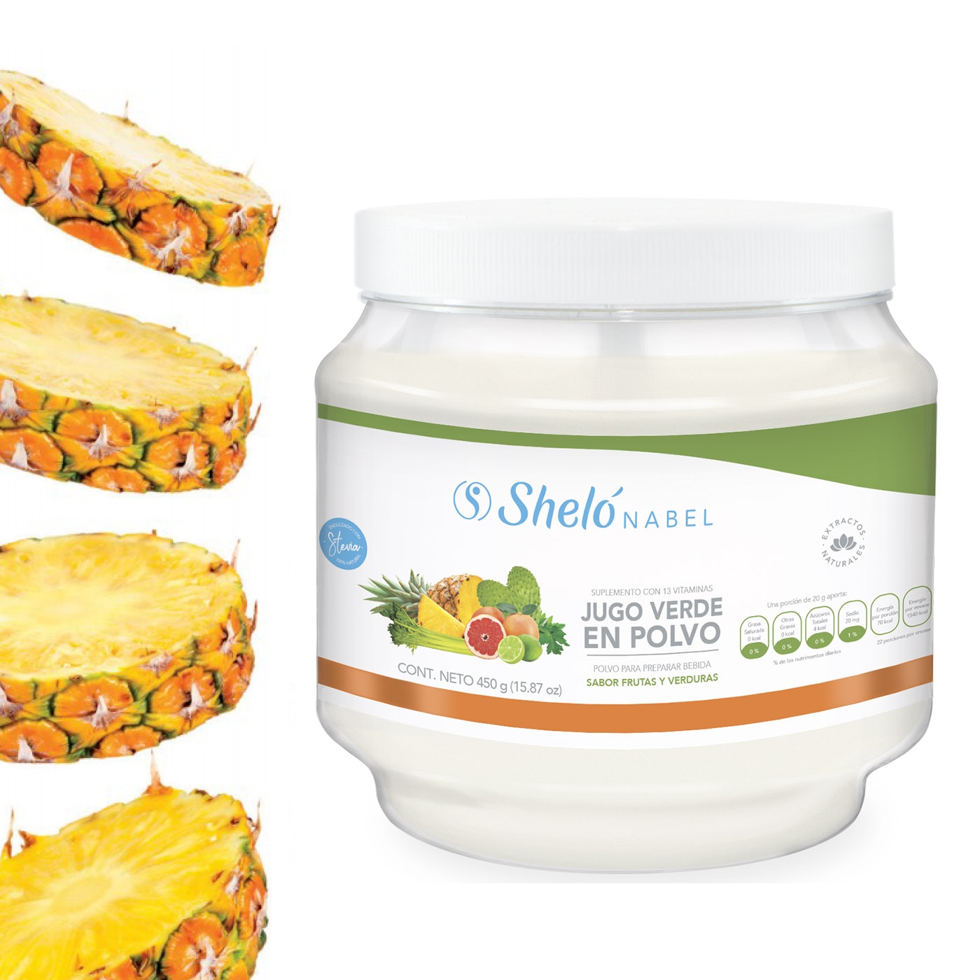JUGO VERDE EN POLVO CON FIBRA, VITAMINAS, MINERALES Y ANTIOXIDANTES SHELÓ
