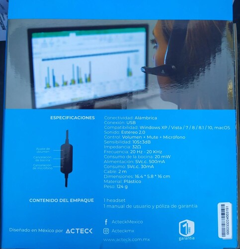 DIADEMA ACTECK MICROFONO CONEXION USB ALAMBRICA CONTROLADOR DE VOLUMEN ...