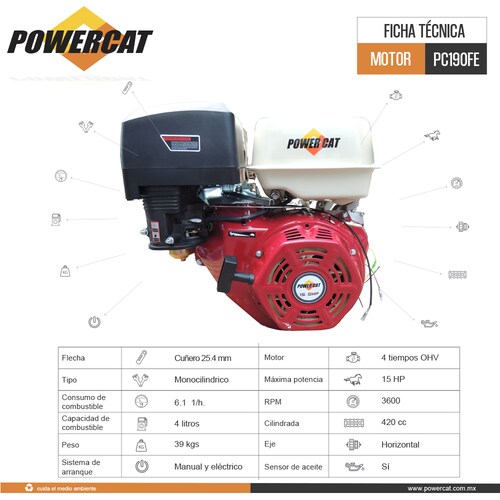 MOTOR POWERCAT ELÉCTRICO Y MANUAL 15 HP PC190FE