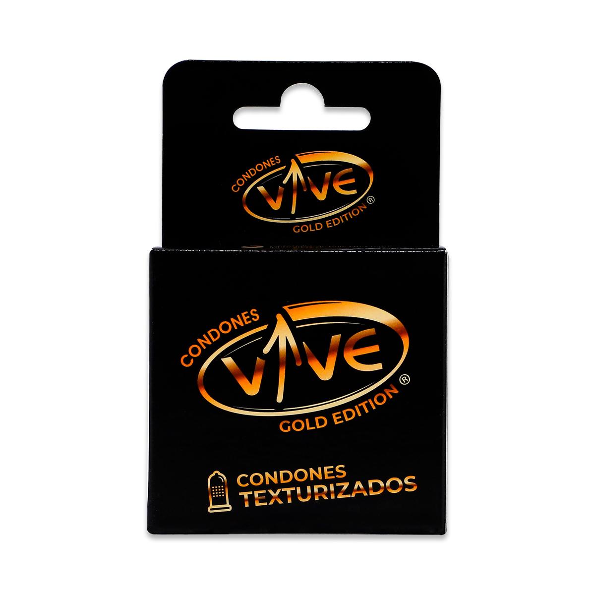 Condones Vive Gold, 3 Condones Texturizados Lubricados
