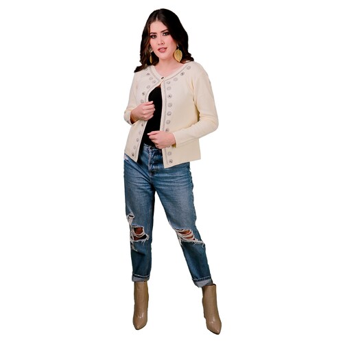 Sueter Manga Larga Boton Cuello Para Mujer 171 - Hueso