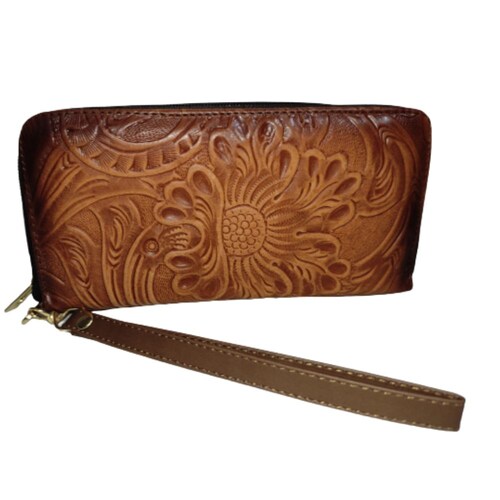 Cartera De Piel Cincelada A Mano Para Dama Artesanal Marrón Claro