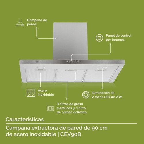 AVERA Campana Extractora o Purificadora para Cocina de Pared 90 cm Cristal Templado y Acero ...