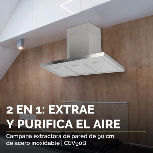 AVERA Campana Extractora o Purificadora para Cocina de Pared 90 cm Cristal Templado y Acero ...