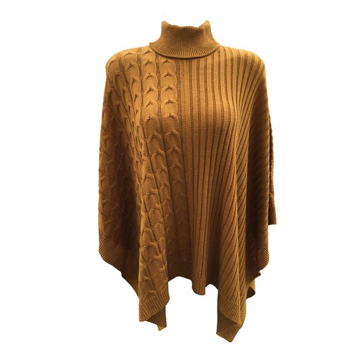 Capa Corta Cuello Alto Poncho para Dama Tela Tejida Color Mostaza