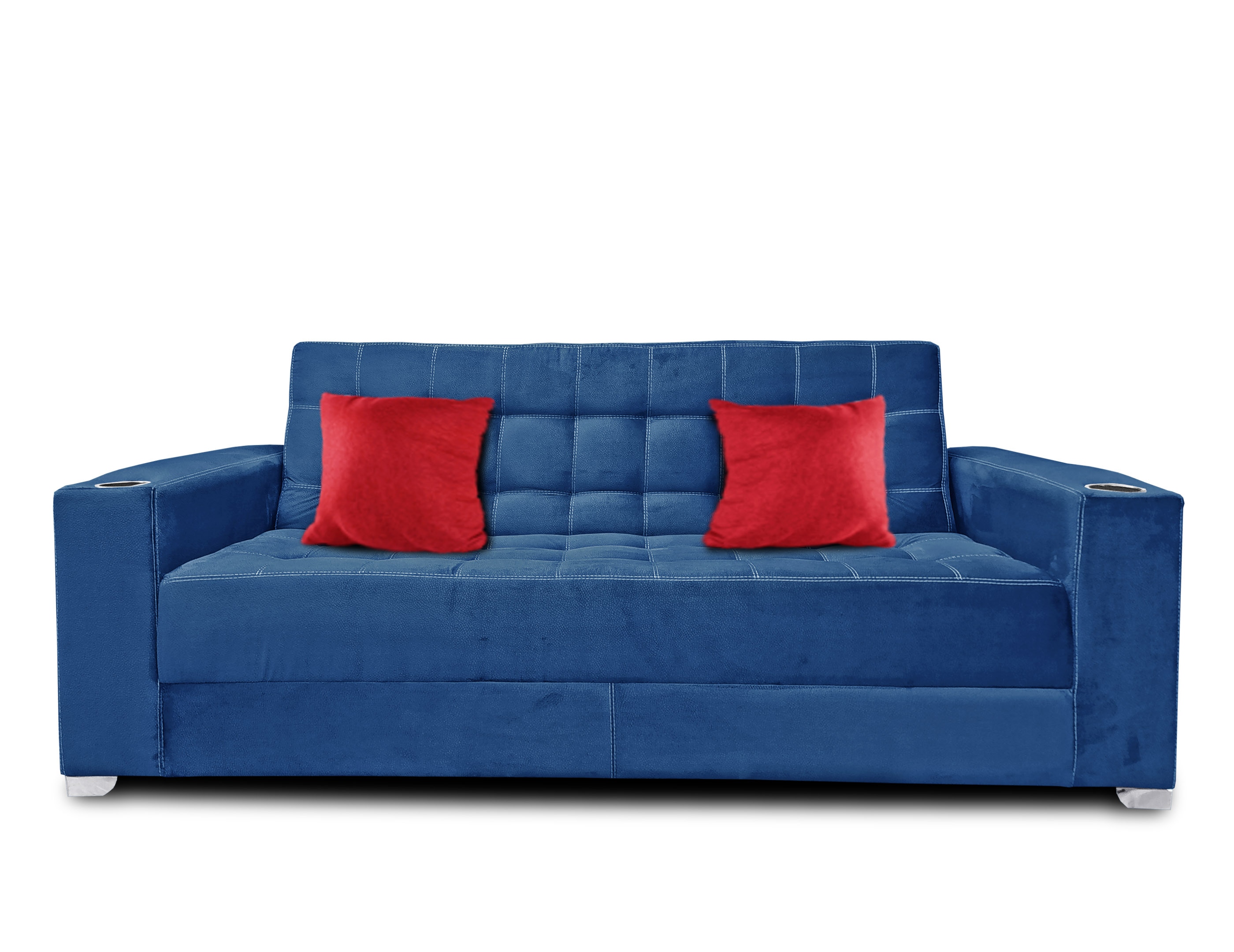 Sofa cama Jeffrey con 02 portavasos tela suave azul cojines carmin ...