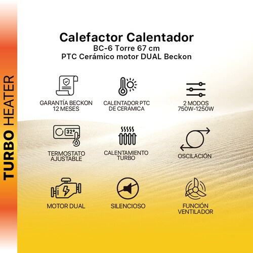 Calefactor cerámico Calentador de torre DUAL 67CM PTC Calentón Hogar ...