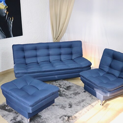 Sala Modular Azul Sofá Cama Sillón Y Taburete Florencia