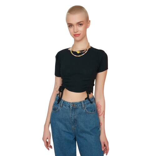 Blusa De Punto Con Cordones Con Detalle Fruncido Negro Talla Grande ...