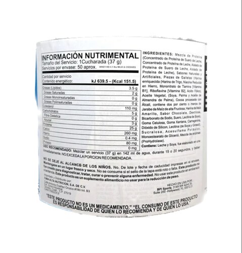 Whey Hd Bpi 4.2 Lbs (54 serv) Sabor milk and cookies