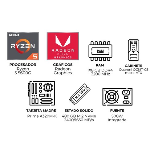 The Boss PC Quaroni AMD Ryzen 5 5600G, 8 GB, 480 GB SSD, incluye ...