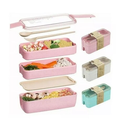 Lunch Box Tupper Rosa Fiambrera de 3 niveles con cubiertos 900 ml