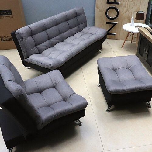 Sala Modular Negro con Gris Sofá cama Sillón y Taburete Florencia