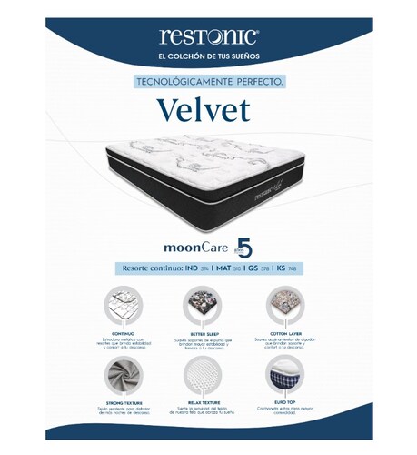 Colchón Matrimonial Restonic Velvet Mooncare
