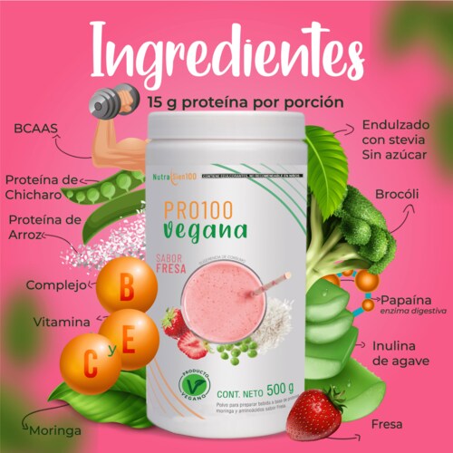 Nutrasien100 Proteína Vegana sabor fresa. Ideal para Keto, Pre workout, Vegano, Paleo. Sin ...