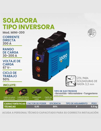 Inversora Soldadora 200a, Multivoltaje Igoto Mini-200