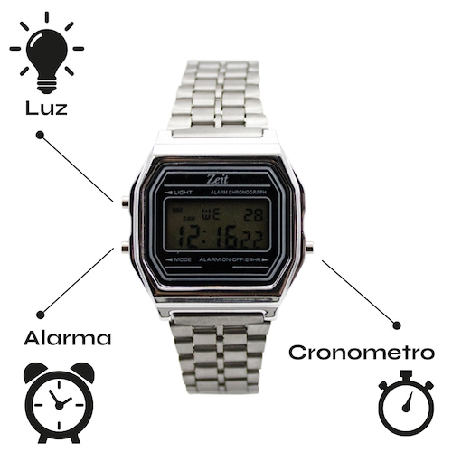 Reloj Digital Zeit Unisex Luz Alarma Cronómetro Plata
