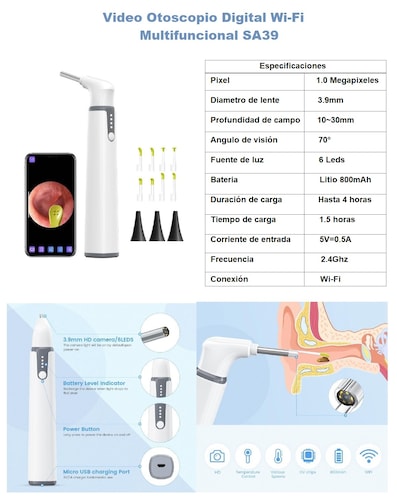 Video Otoscopio Teslong SA39W con Conectividad Wifi, Para Dispositivos ...