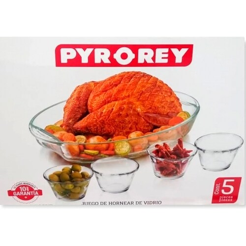 Juego para hornear de vidrio 5 pzs, marca PYR o REY
