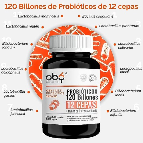 OBY MULTI Probiotics | Probioticos 120 Billones de 12 Cepas + Prebioticos - Incluye Inulina Raiz ...