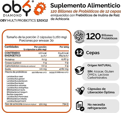 OBY MULTI Probiotics | Probioticos 120 Billones de 12 Cepas + Prebioticos - Incluye Inulina Raiz ...