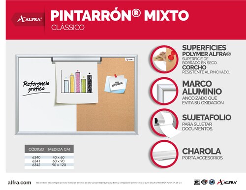 Pizarra Pintarrón Modelo Clásico Corcho Mixto Alfra 90x120 cm