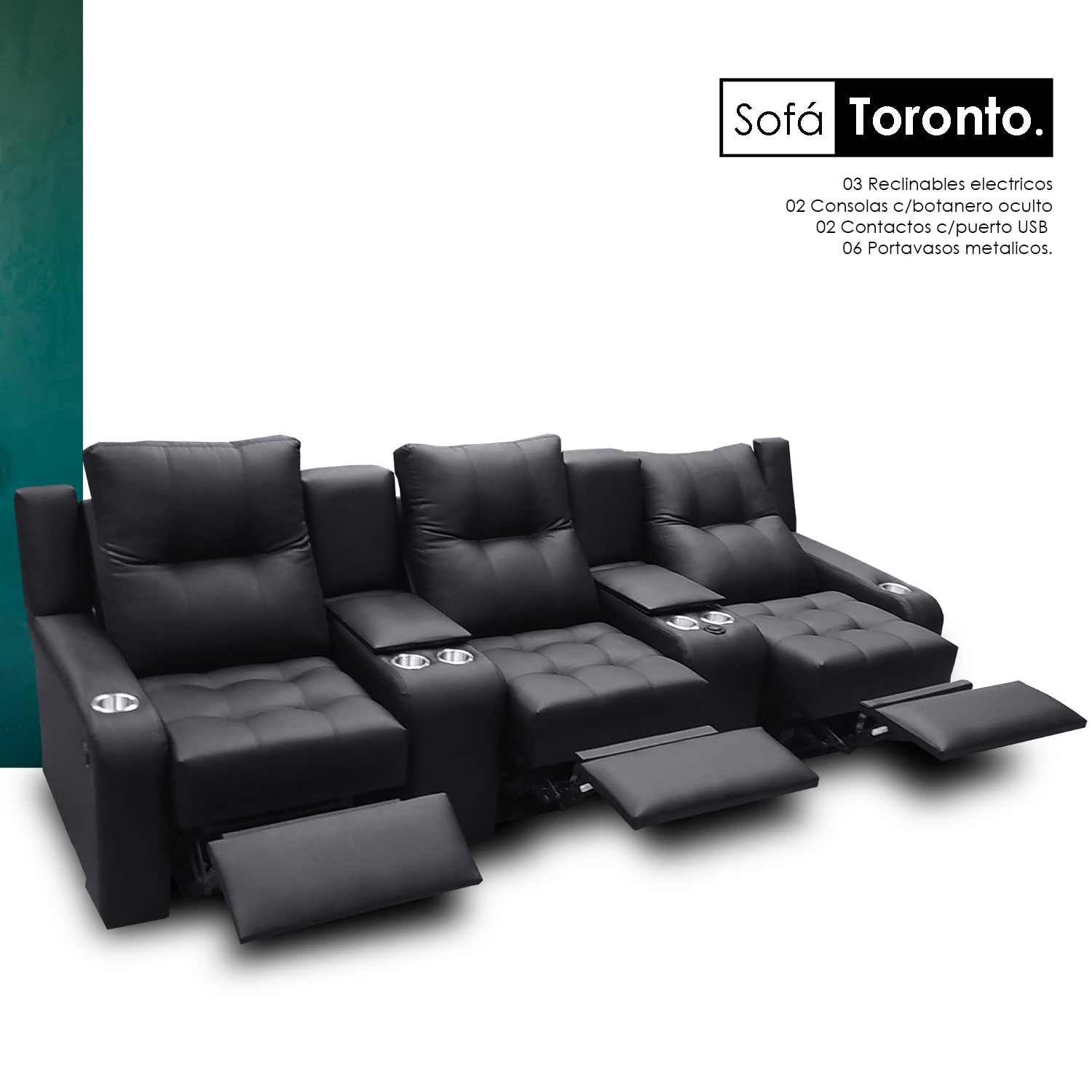 Sofa c/03 reclinables electricos modelo Toronto Black/ MADERIAN // ENTREGA EN CDMX Y ZONA ...