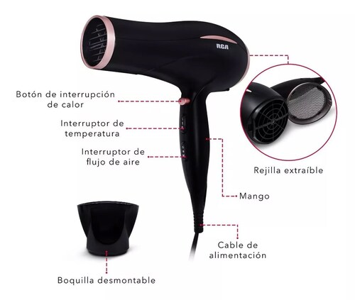 Rca Secadora De Cabello Con Boquilla Desmontable Rc-p15 Color Negro