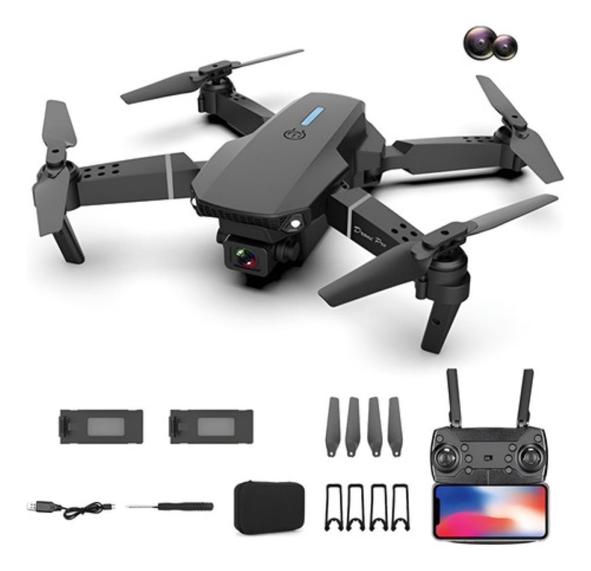 Drone Control Remoto Con Par Cámara 4k Quadcopter + 2 baterías, Negro