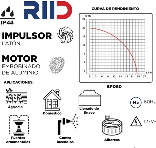 Bomba Eléctrica Periférica para Agua 1/2 HP RIID.
