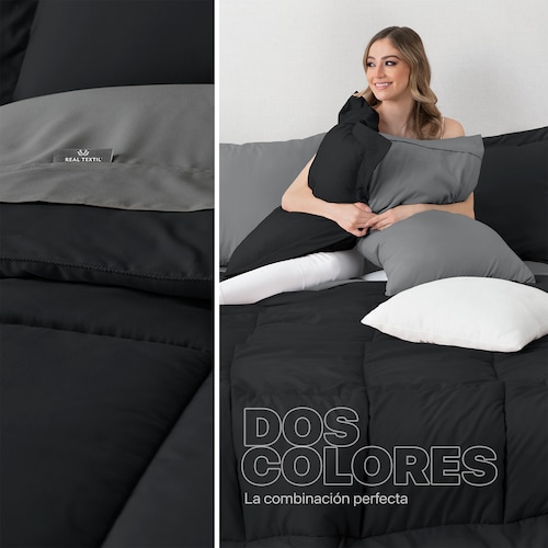 Set Edredón King Size con Fundas y Sábanas 7 Pzas Negro / Gris Real Textil.