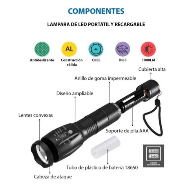 Lampara táctica de mano 3000 lumen cree led t6 recargable ljx - Sears