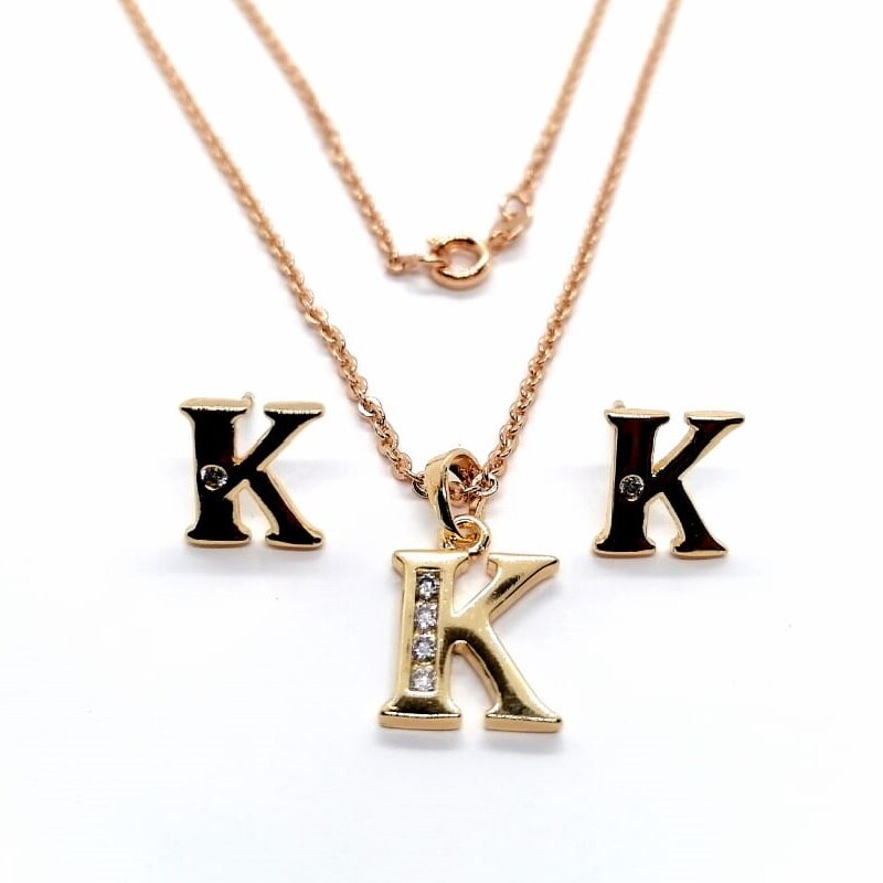 Juego aretes, cadena y dije letra k baño de oro rosa incluye caja para ...