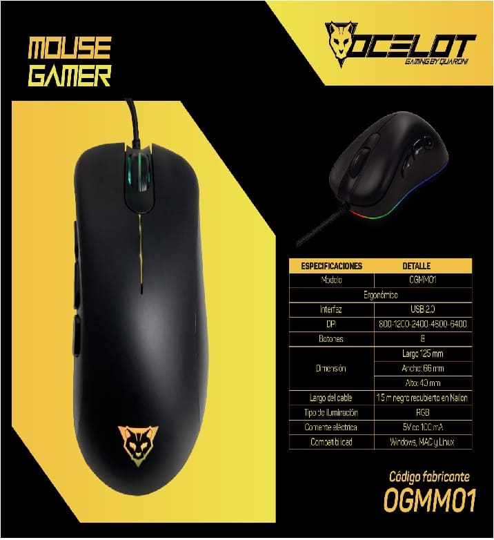 Mouse ocelot gamer alambrico usb rgb dpi configurables hasta 6400 8 ...