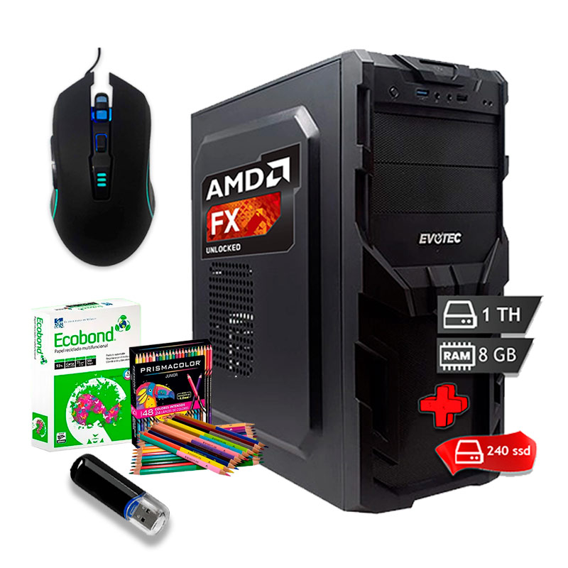 Pc gamer amd fx hdd 1tb ssd 240gb ram 8gb + mouse + 500 hojas blancas ...