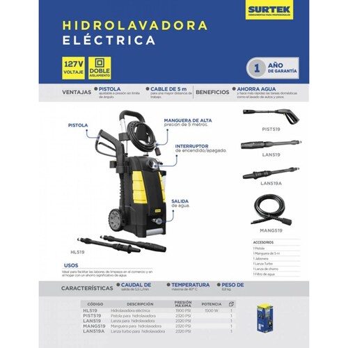 Hidrolavadora Electrica Presion Maxima 1900psi 1500w Surtek
